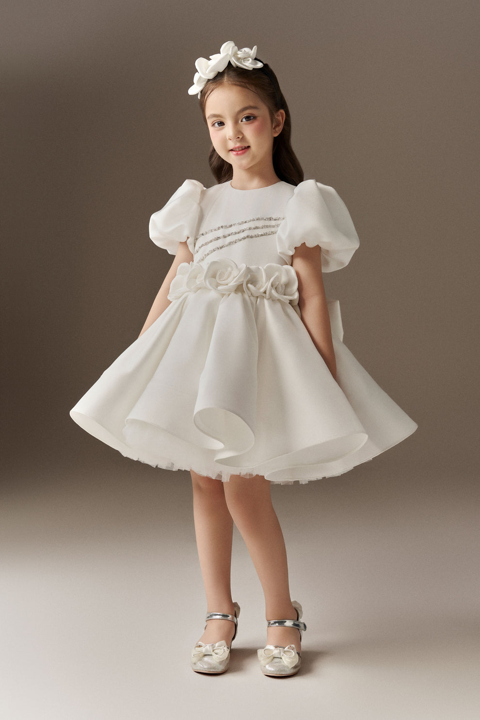 Pretty Floral Taffeta Puff Sleeves Kids Dress With Floral Headband – kalisa